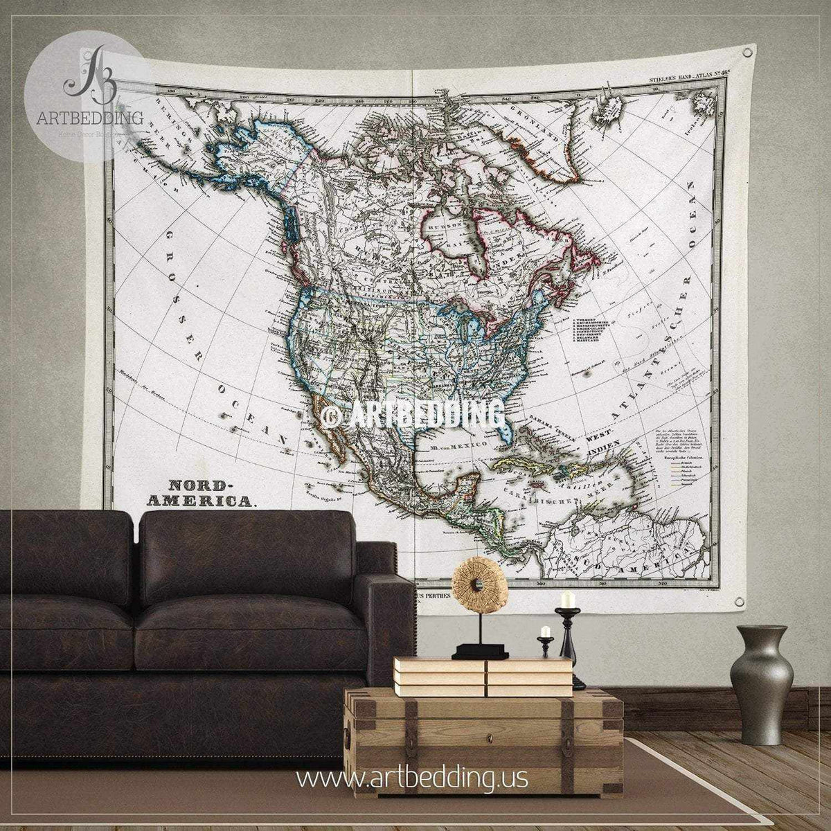 1872 Antique Map of North America Stieler (Light Version) wall tapestr ...