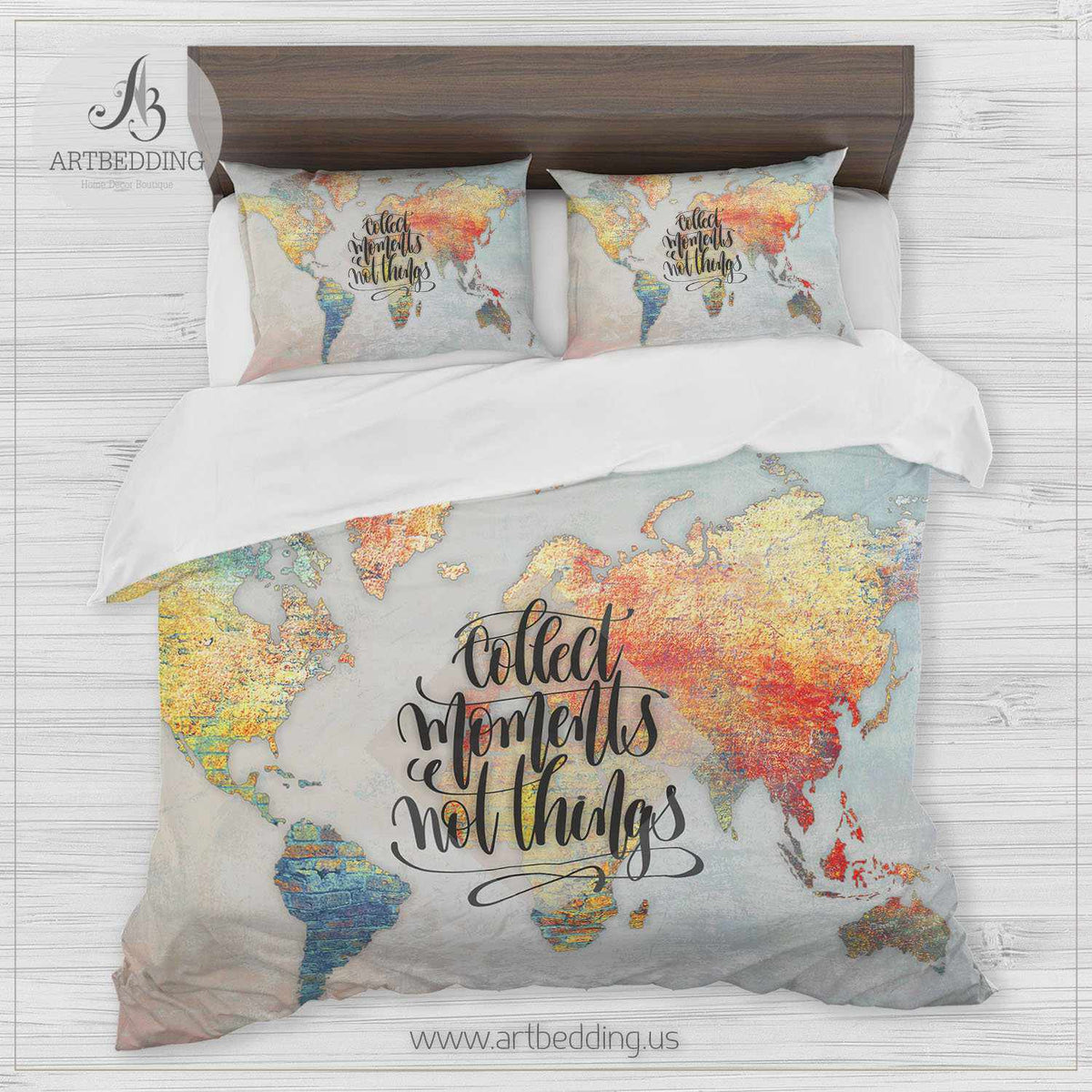 Boho brick wall world map bedding, Travel map ``Collect memories` duvet ...