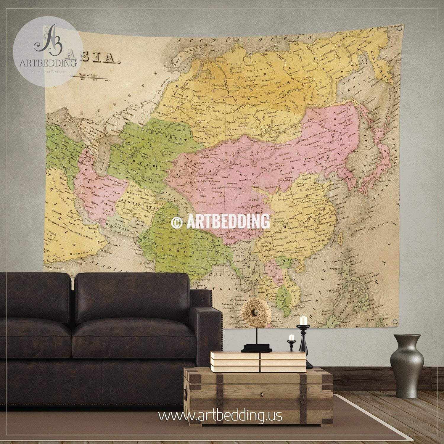 Antique map of Asia from 1841 wall tapestry, vintage interior map wall ...