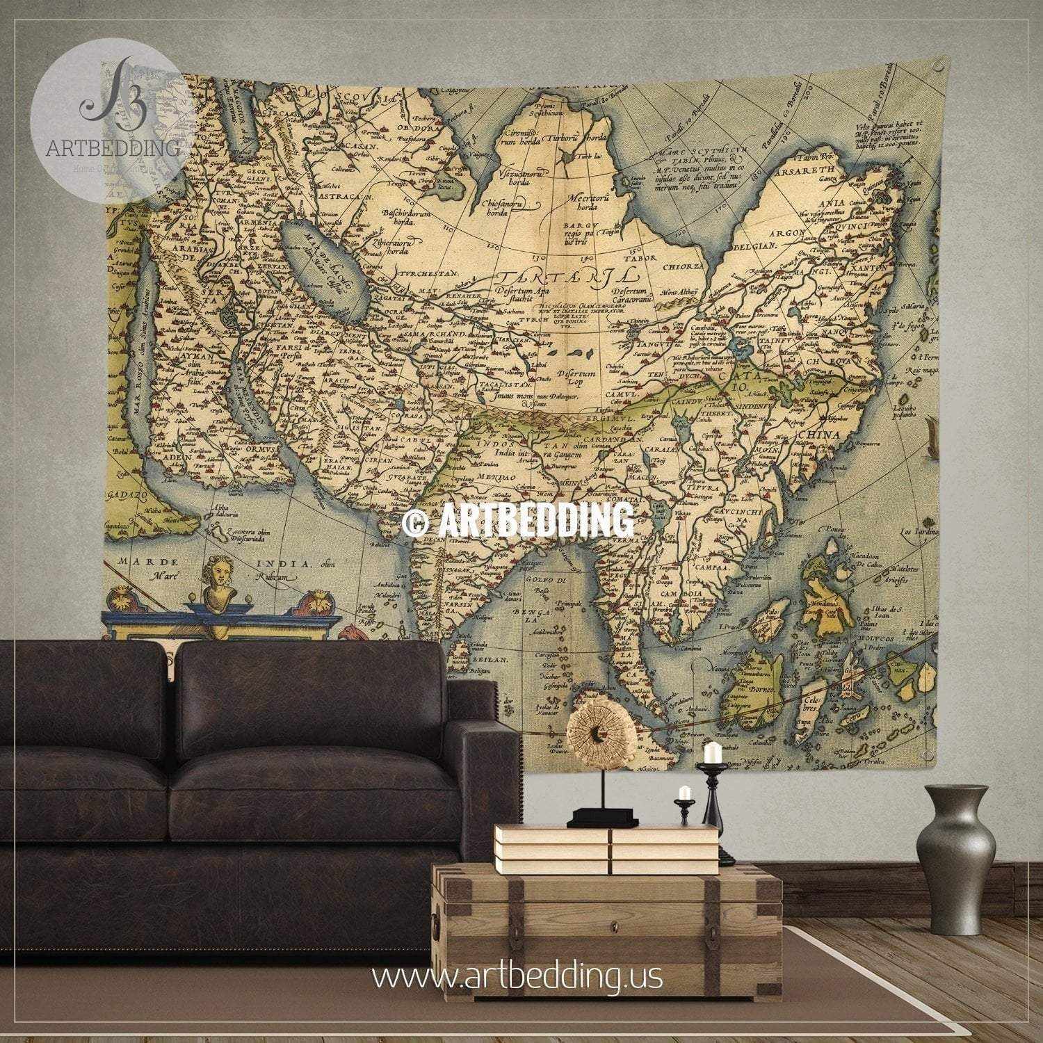 Antique Map of Asia wall tapestry, vintage interior map wall hanging ...