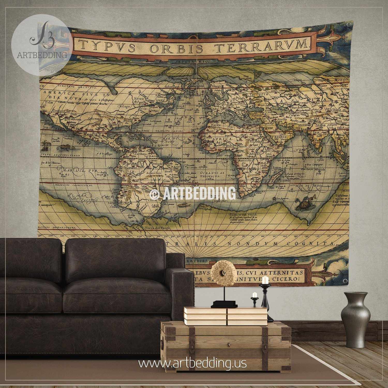 Antique Map of the World wall tapestry, vintage interior map wall hang ...