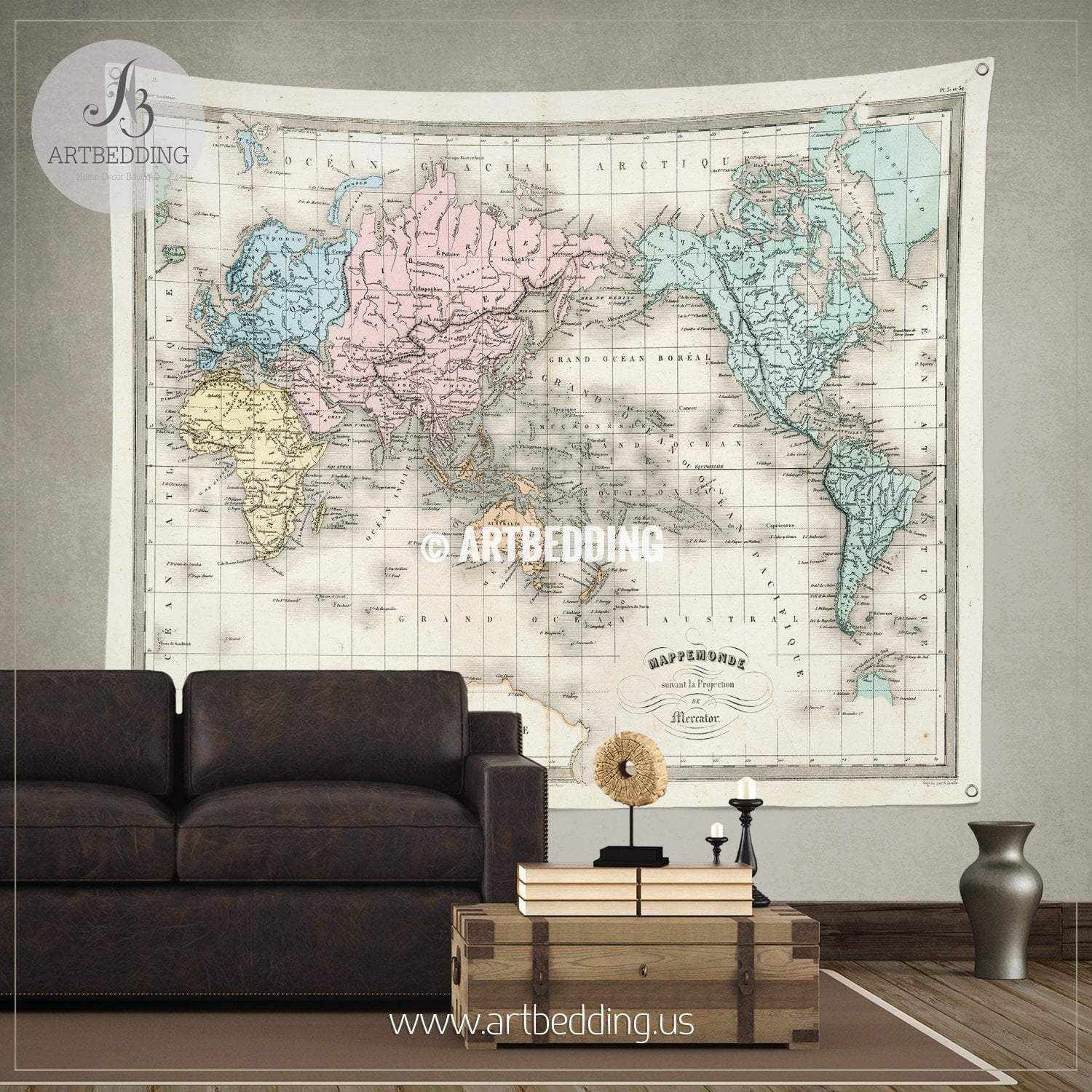 Antique Map of World wall tapestry, vintage interior map wall hanging ...