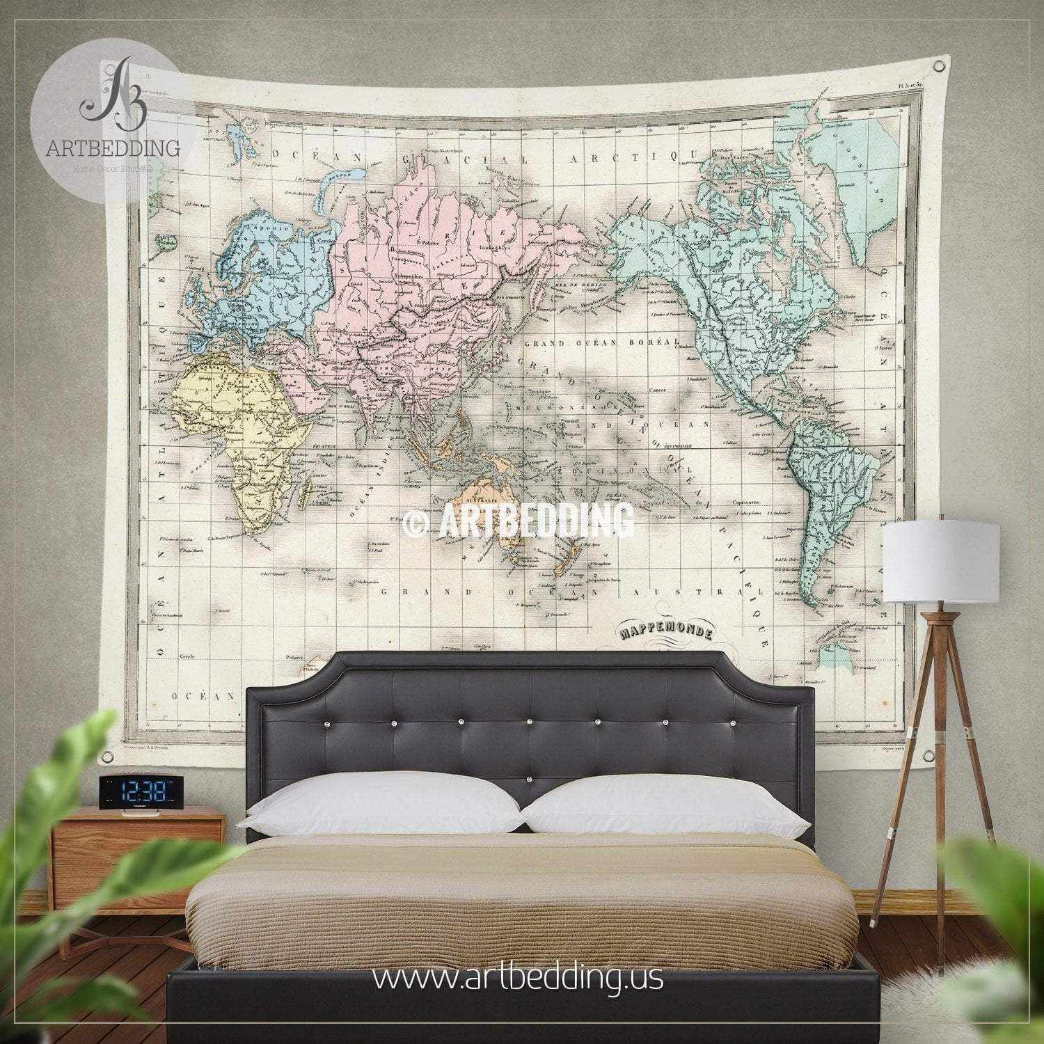 Antique Map of World wall tapestry, vintage interior map wall hanging ...