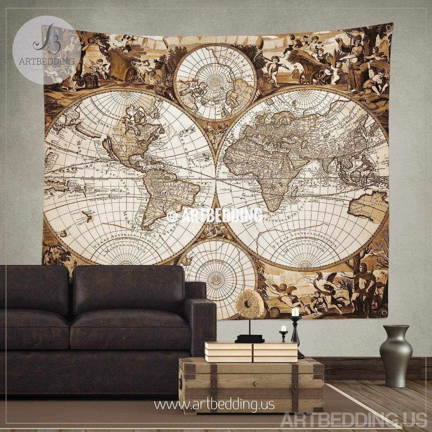 Vintage Map Tapestry, old map wall decor, vintage wall decor – ARTBEDDING