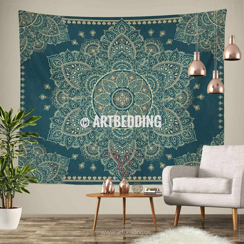 Bohemian TAPESTRY, Teal & Gold vintage mandala Wall hanging, Boho ...