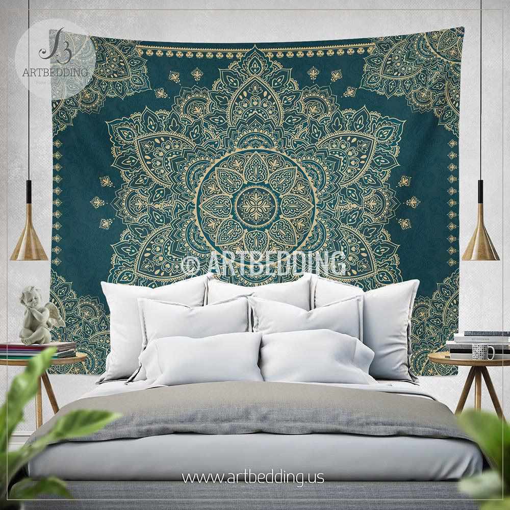 Bohemian TAPESTRY, Teal & Gold vintage mandala Wall hanging, Boho ...