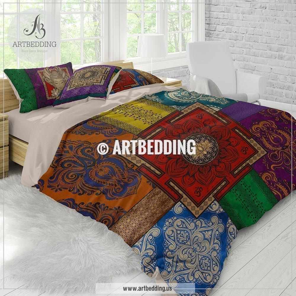 Boho bedding, Sacred yantra Seed of Life duvet cover set, Buddha OM ma ...