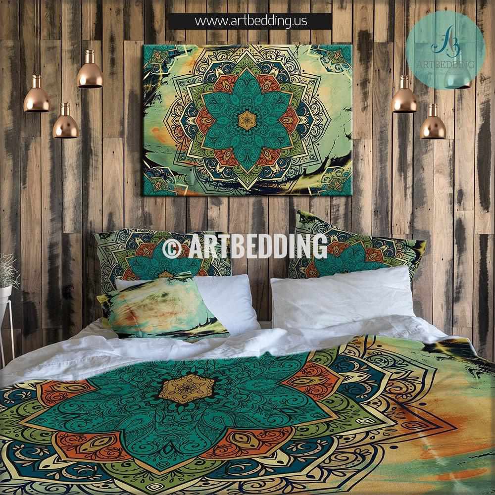 Boho bedding, Vintage mandala duvet cover set, Turquoise and olive gre ...
