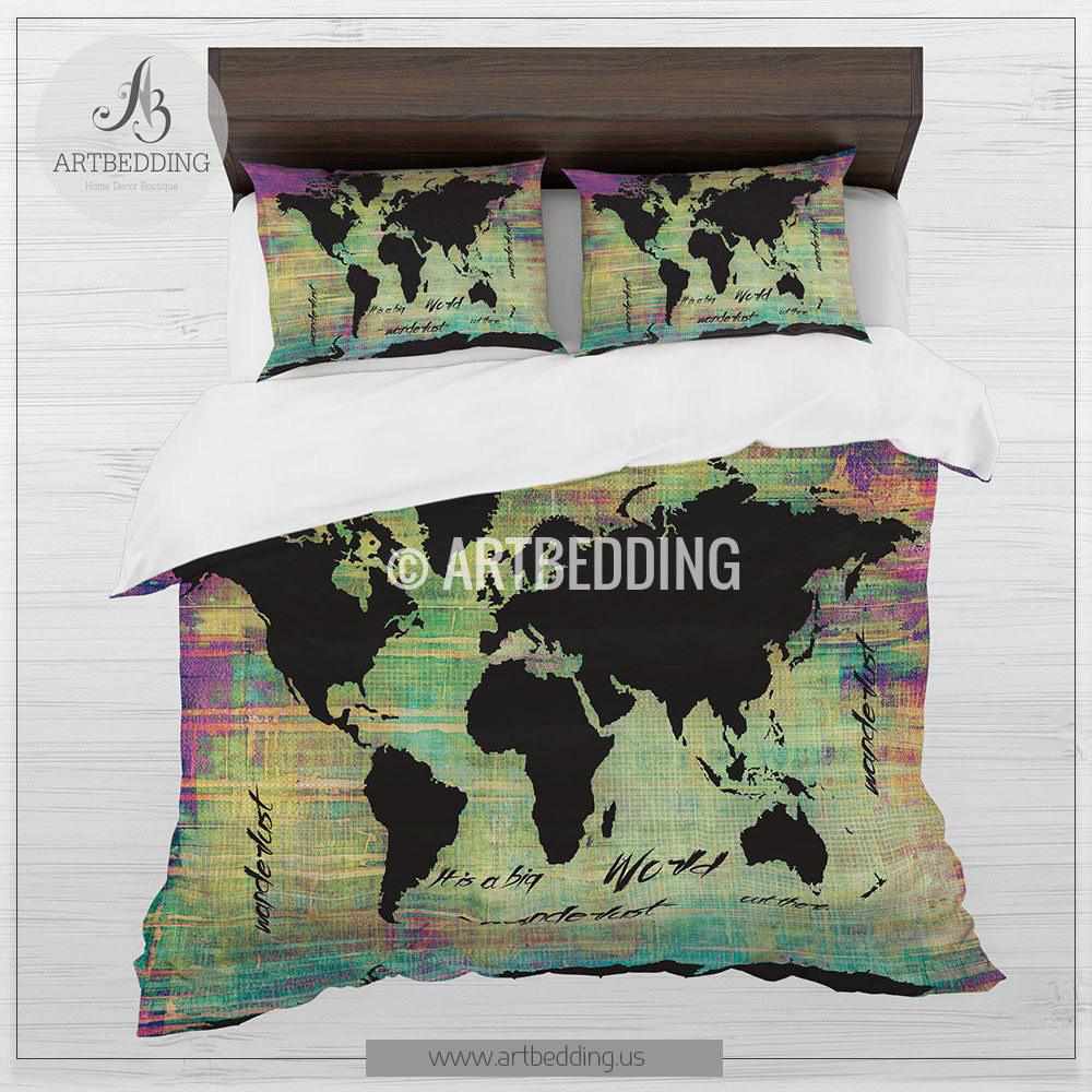 Watercolor world map bedding,Black World map neon grunge duvet cover s ...