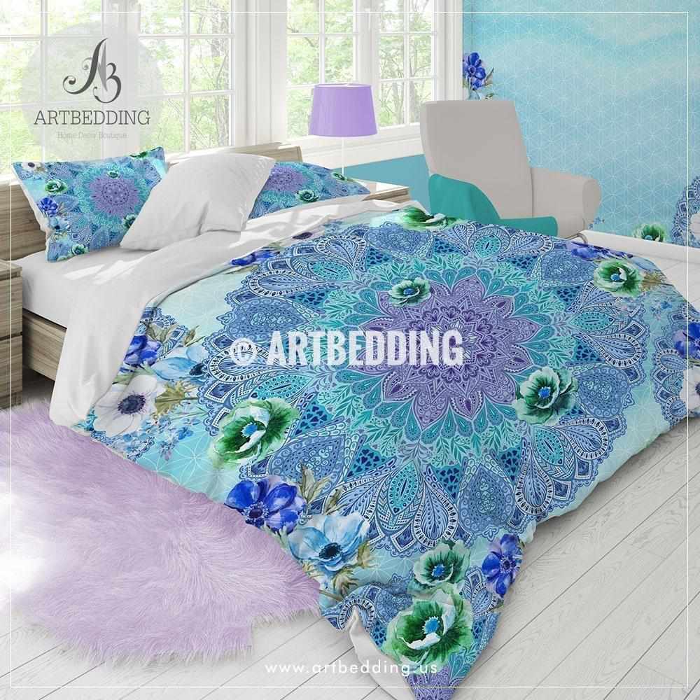 Mandala bedding, Lavender turquoise Mandala duvet cover set, Boho ...