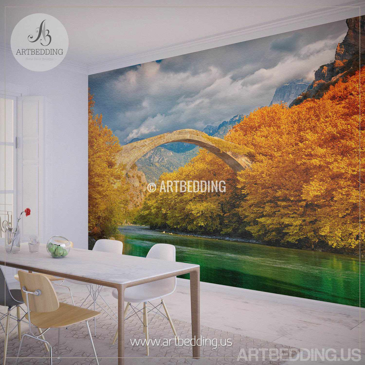 Bridge over river landscape Wall Mural, Autumn landscape of bridge over ...