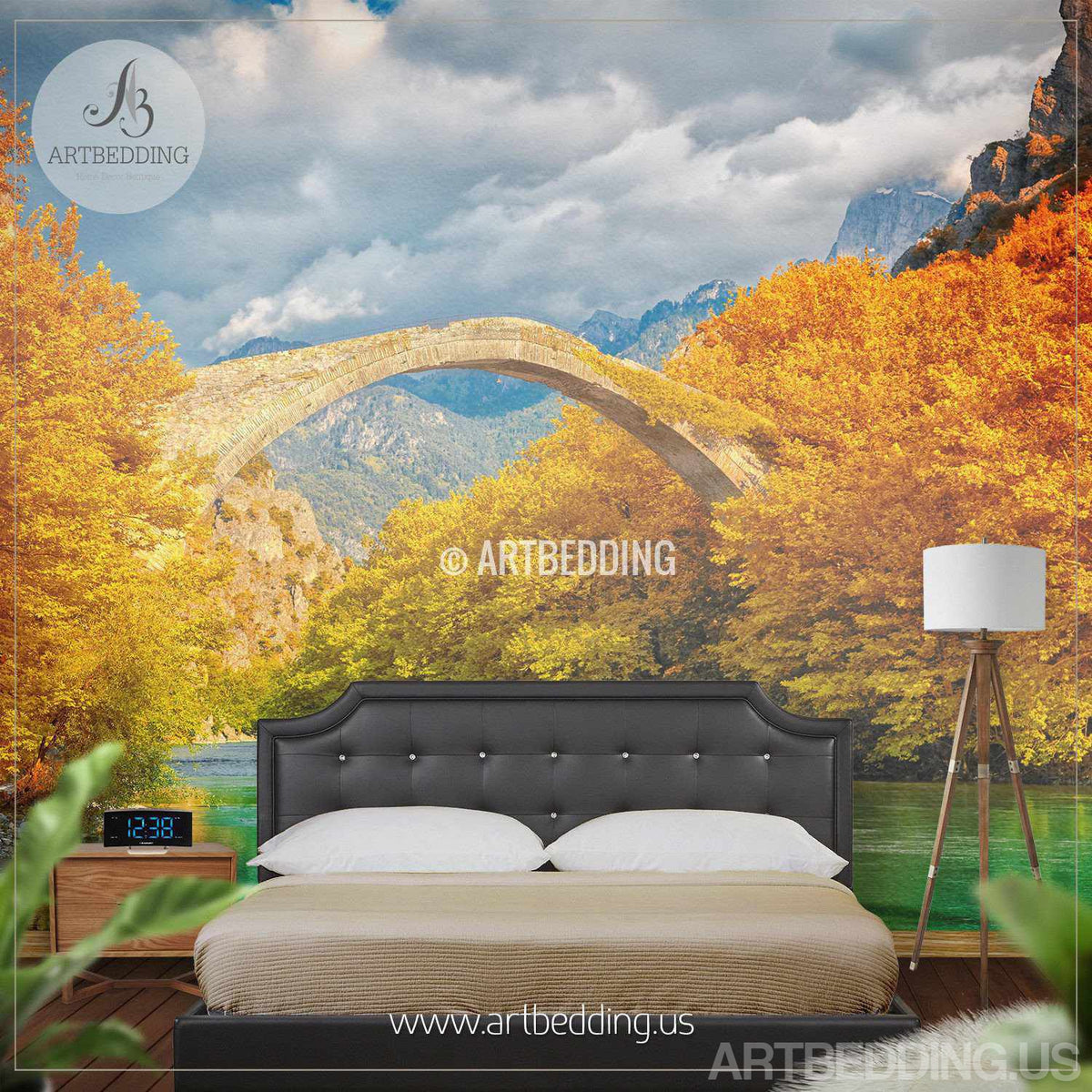 Bridge over river landscape Wall Mural, Autumn landscape of bridge over ...