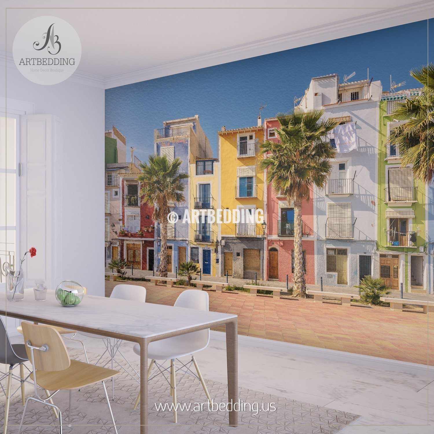 Colorful homes in seaside villa of Villajoyosa in Southern Spain Wall ...