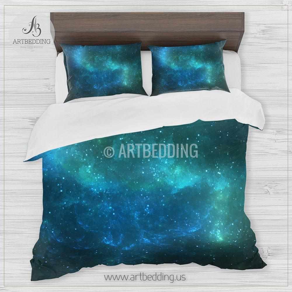 Deep Space bedding set, Fantasy abstract blue and green Nebula with ...