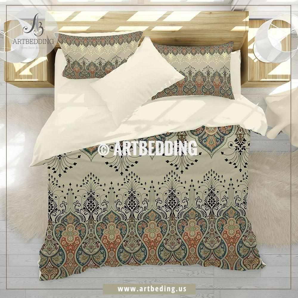 Ethno Indian paisley bedding, Indie motifs tan duvet cover set ...