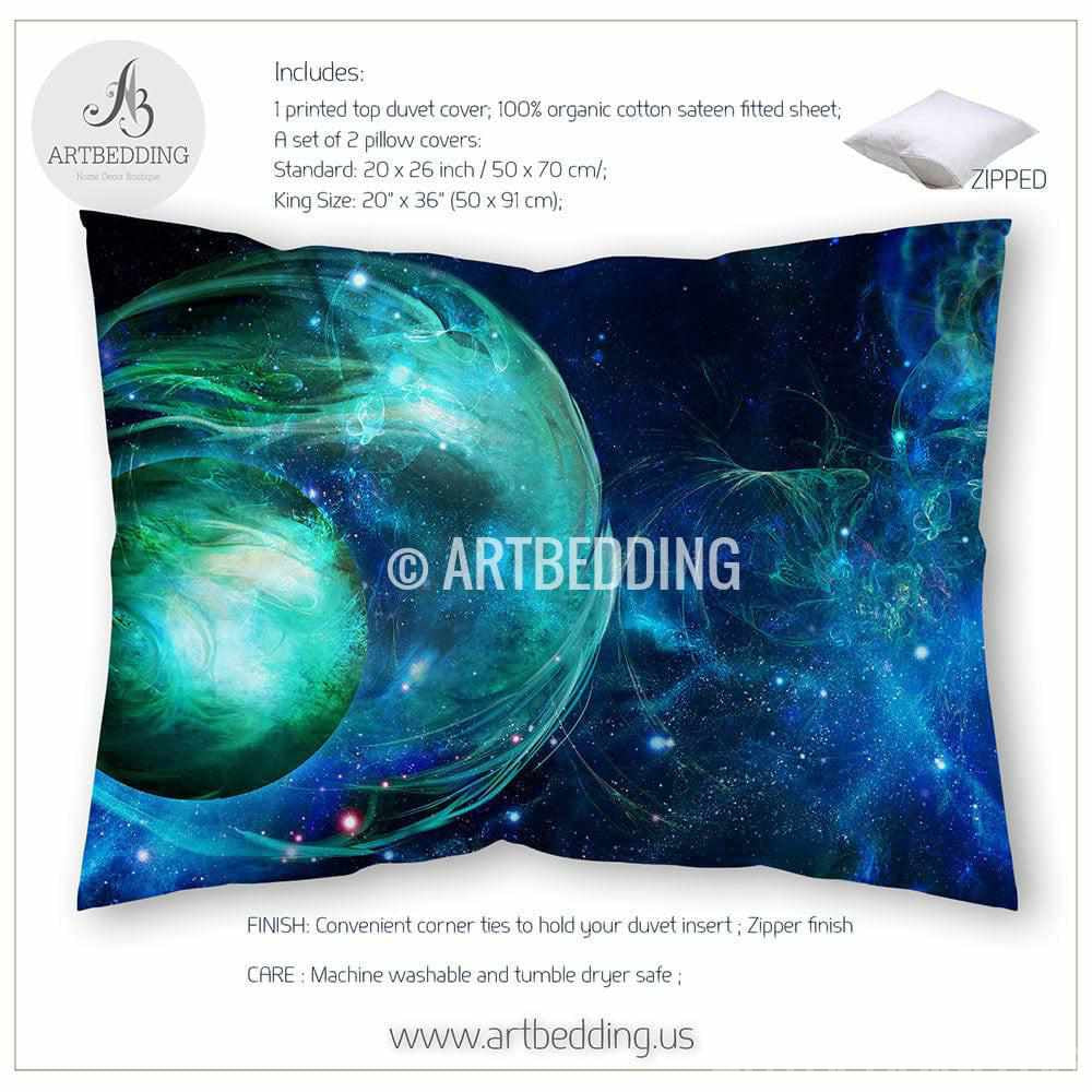 Galaxy bedding set, Green nebula fantasy planet duvet cover set ...