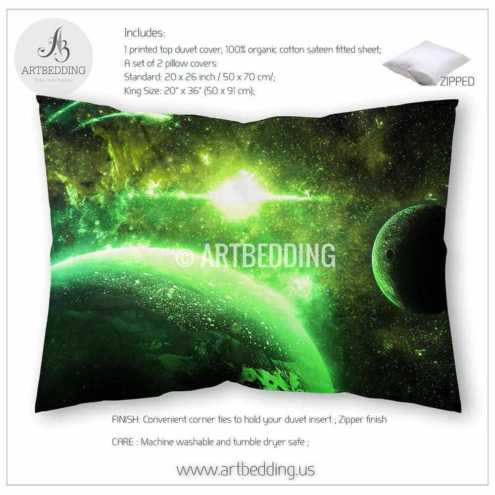 Galaxy bedding set, Green planets in deep space duvet cover set, Stars ...