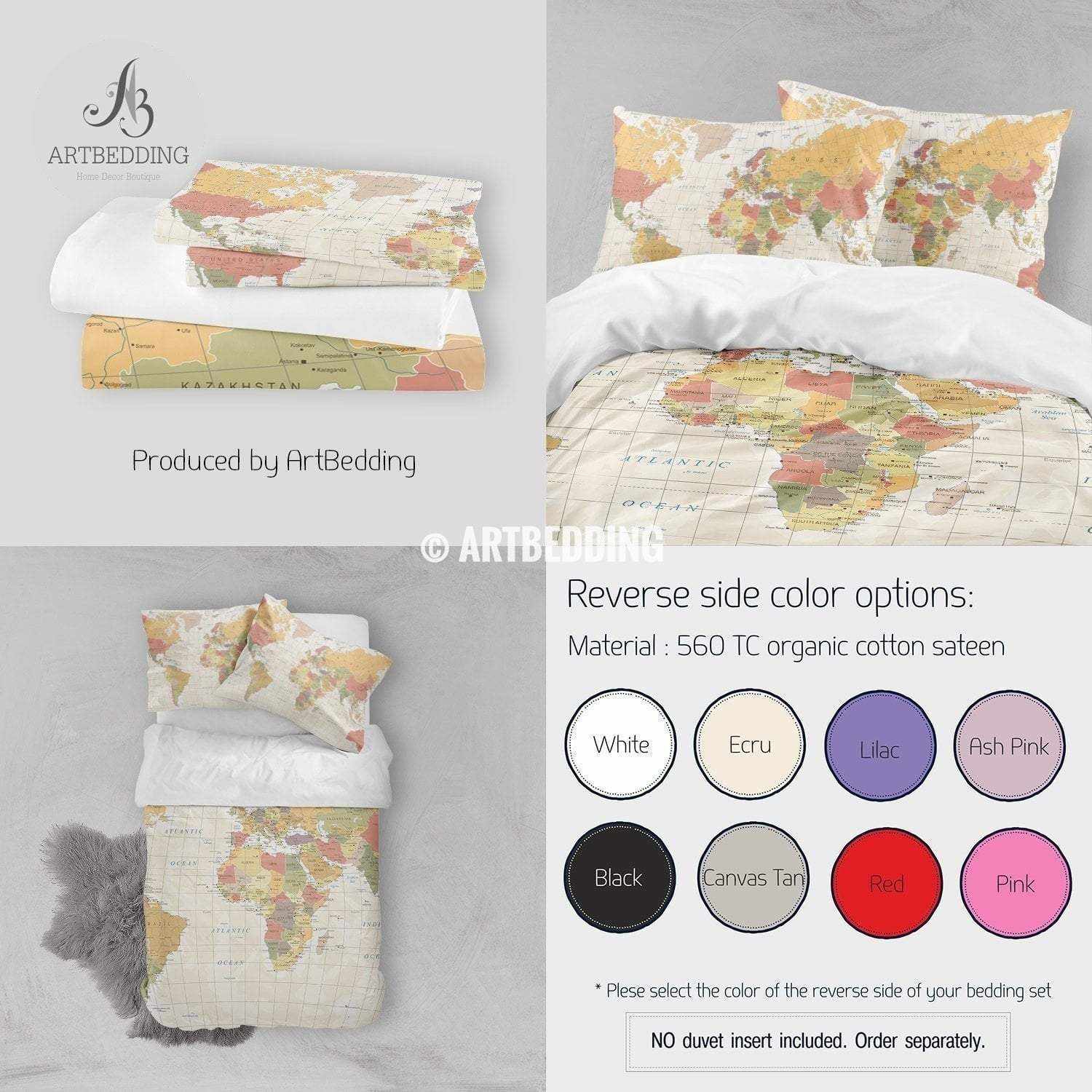Modern Detailed World Map bedding, Vintage world map duvet cover set ...