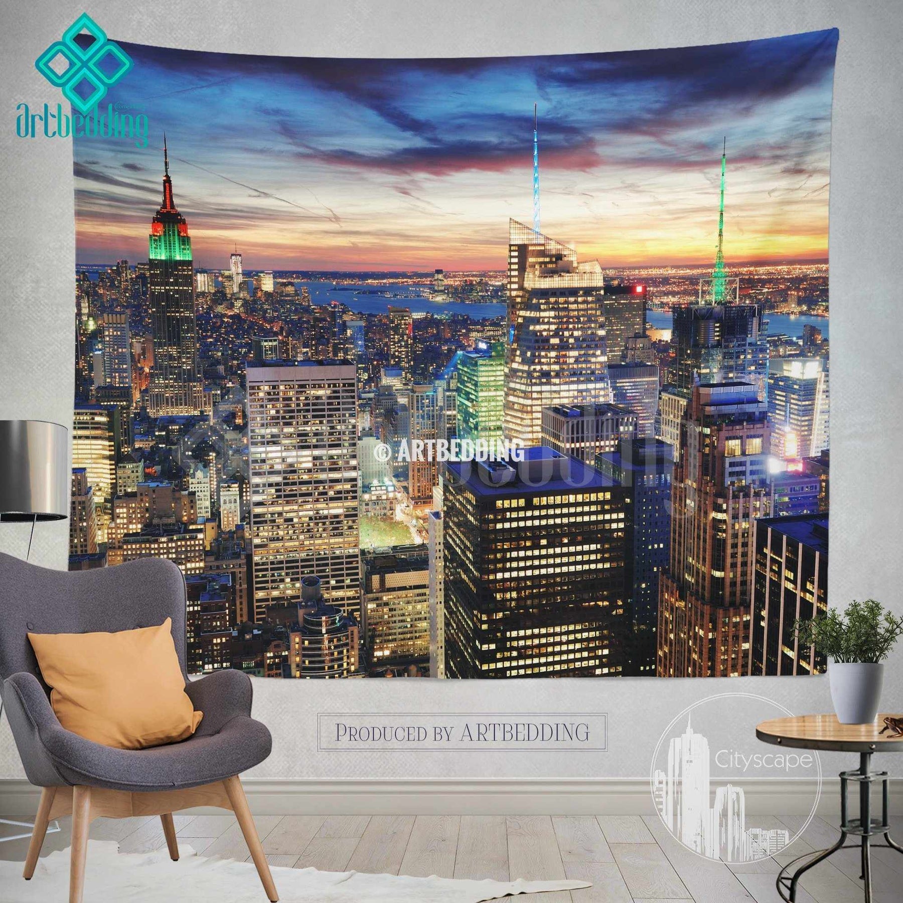 New York panoramic cityscape wall tapestry, New York at sunset ...