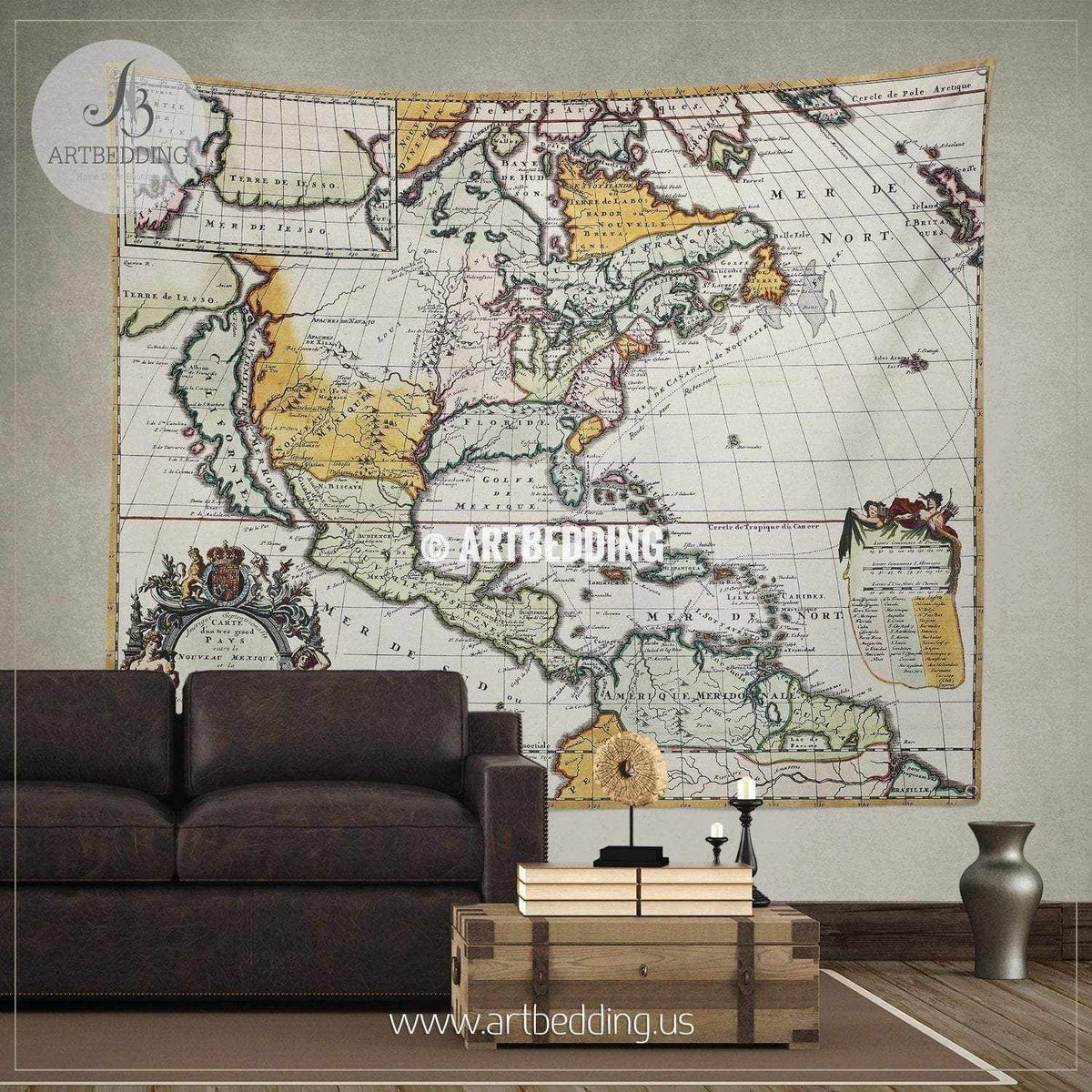 North America 1698 vintage map wall tapestry, vintage interior world ...