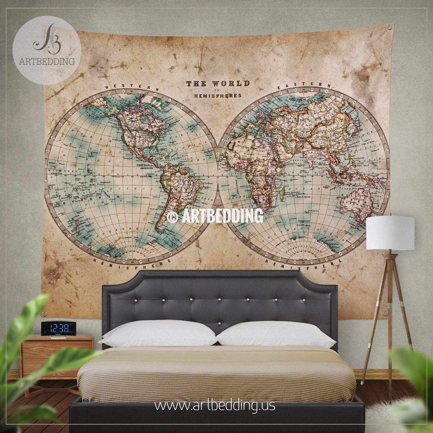 Vintage world map wall tapestry, vintage interior world map wall ...