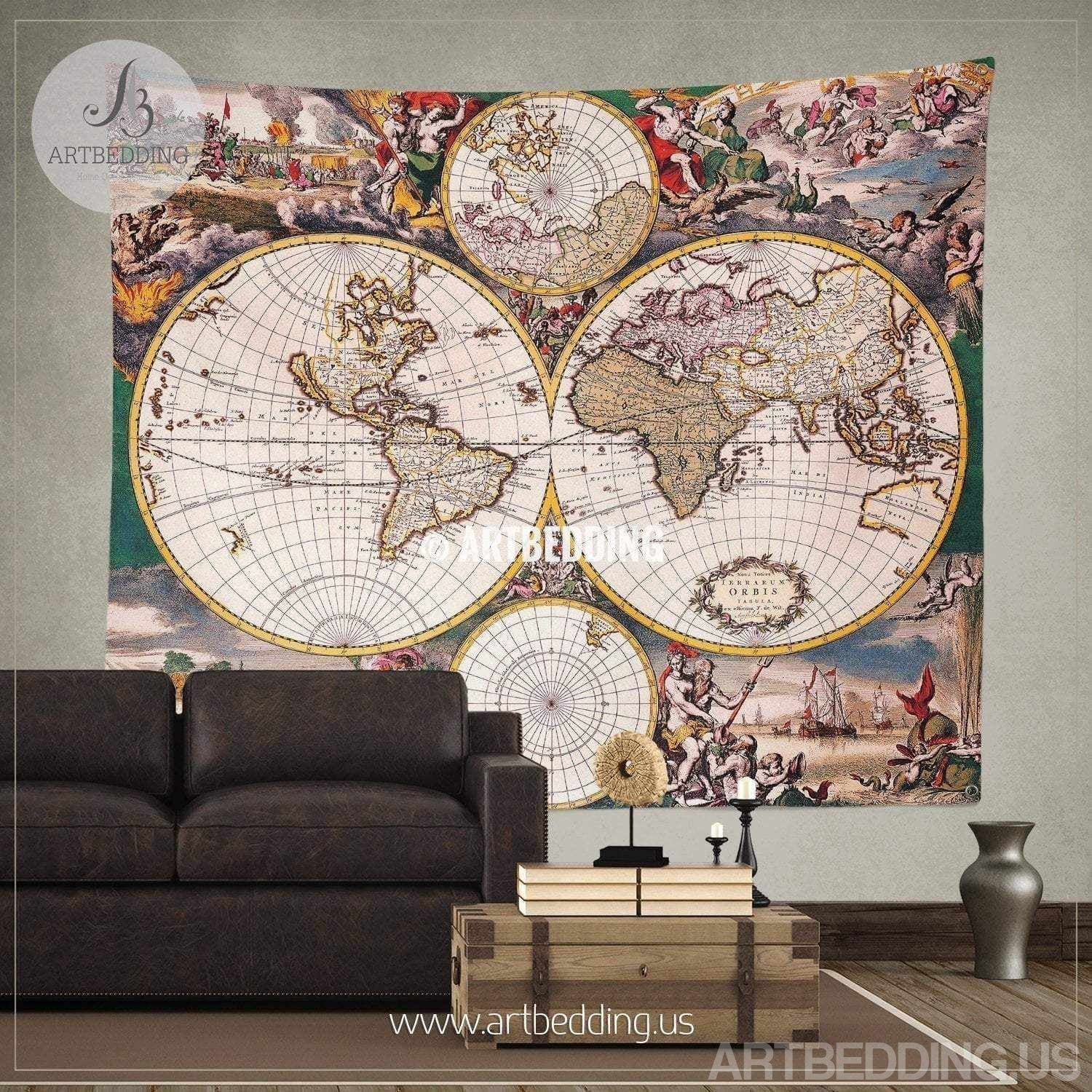 Ancient world map wall tapestry, vintage world map wall hanging ...