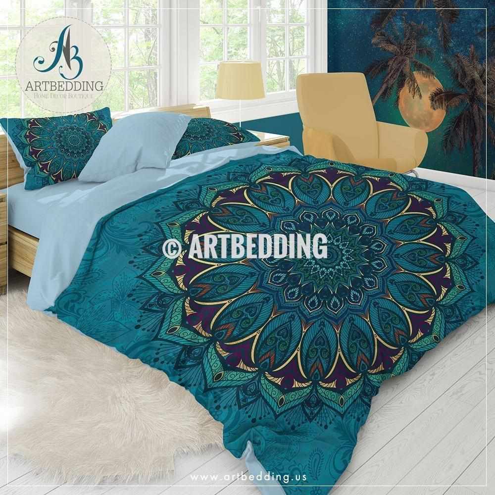 Peacock Mandala bedding, Teal Peacock Mandala Boho mandala comforter ...