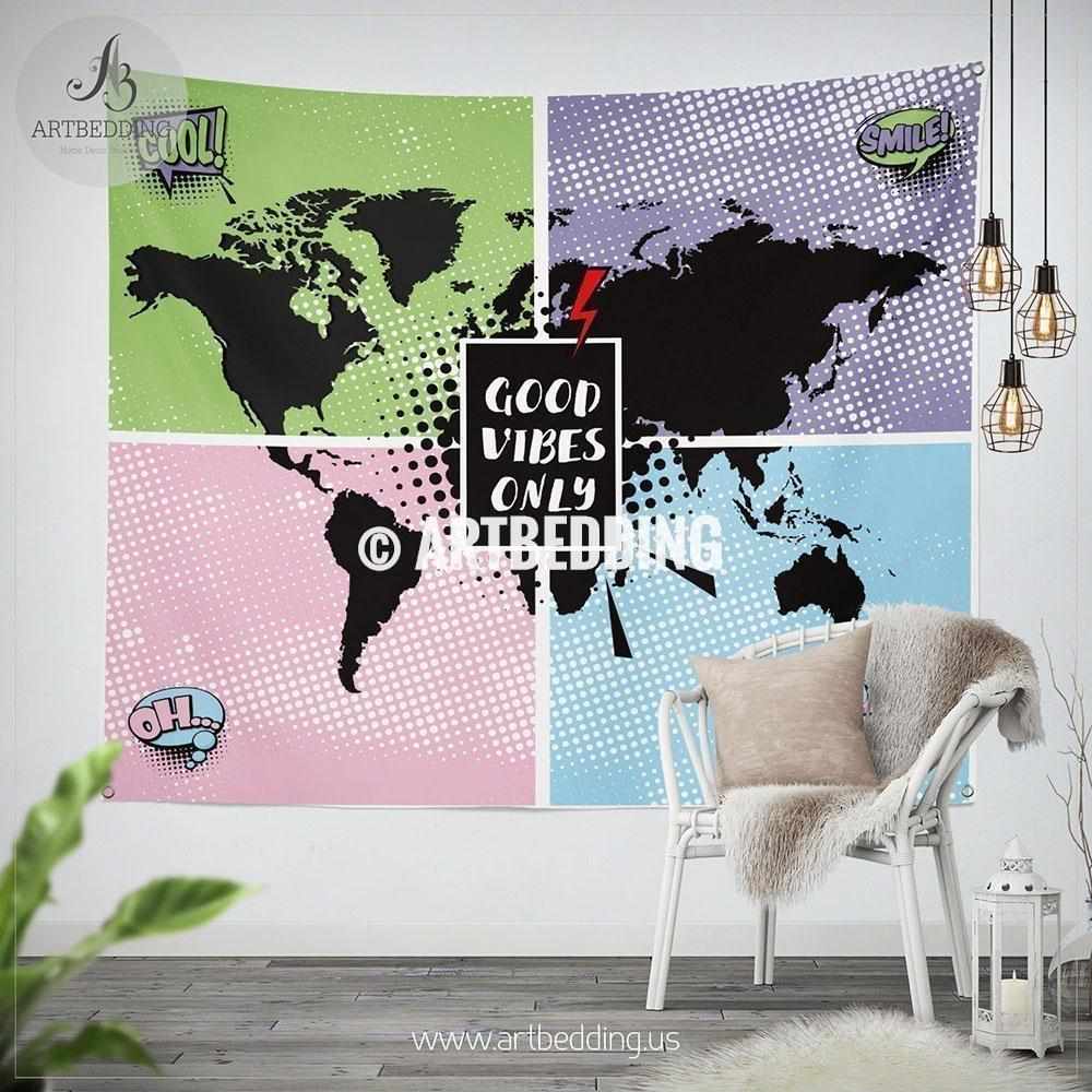 Pop art World map wall Tapestry, Good vibes only wall hanging, modern ...