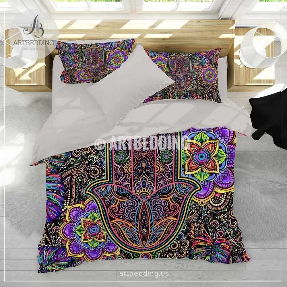 Rainbow hippie bedding, Hamsa hand Mandala bedding, Tropical amulet hi ...