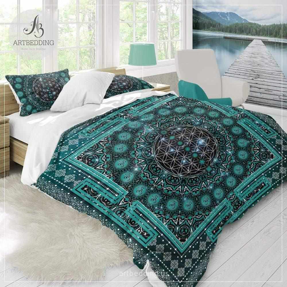 Spiritual galaxy yoga bedding, Sacred Flower of Life Om galaxy duvet ...