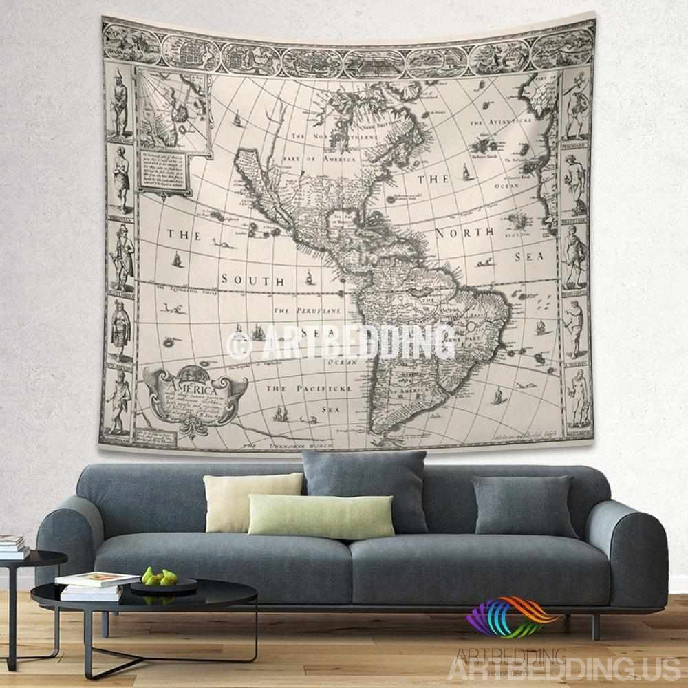 Ancient world map wall tapestry, vintage world map wall hanging ...