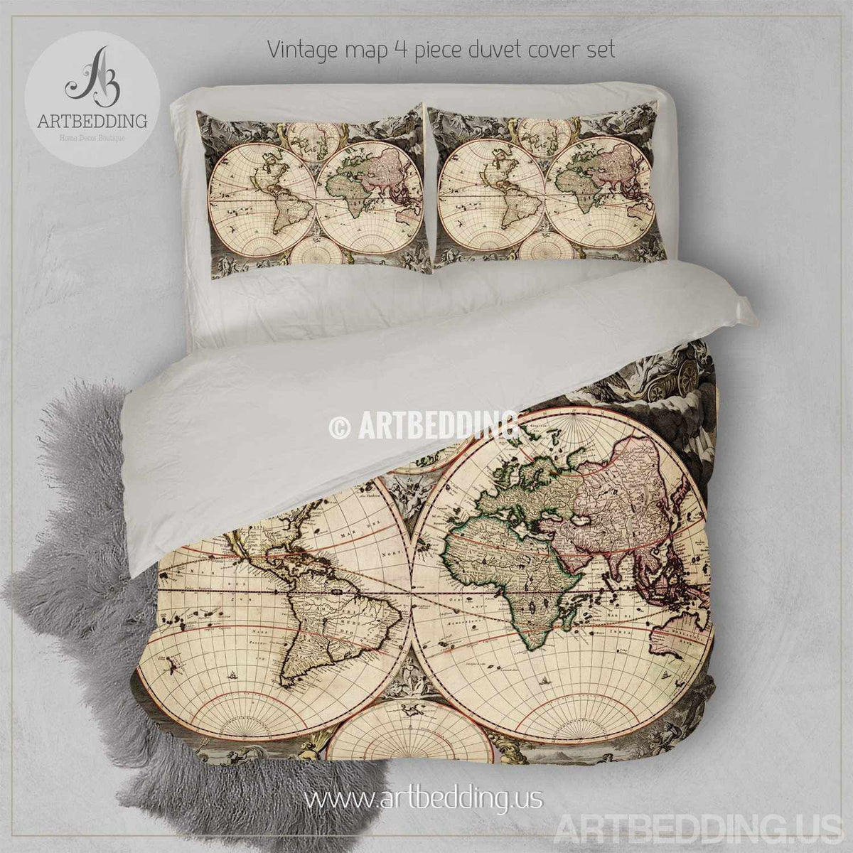 Vintage world map bedding, Antique 1690 old map duvet cover set, Vinta ...