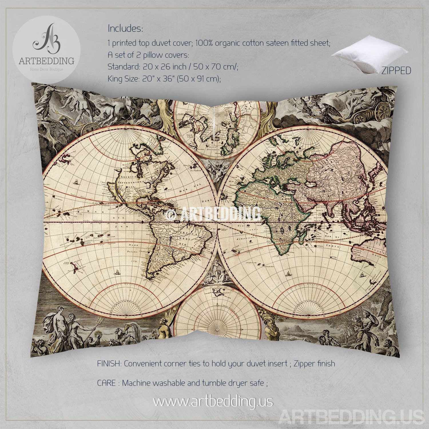 Vintage world map bedding, Antique 1690 old map duvet cover set, Vinta ...