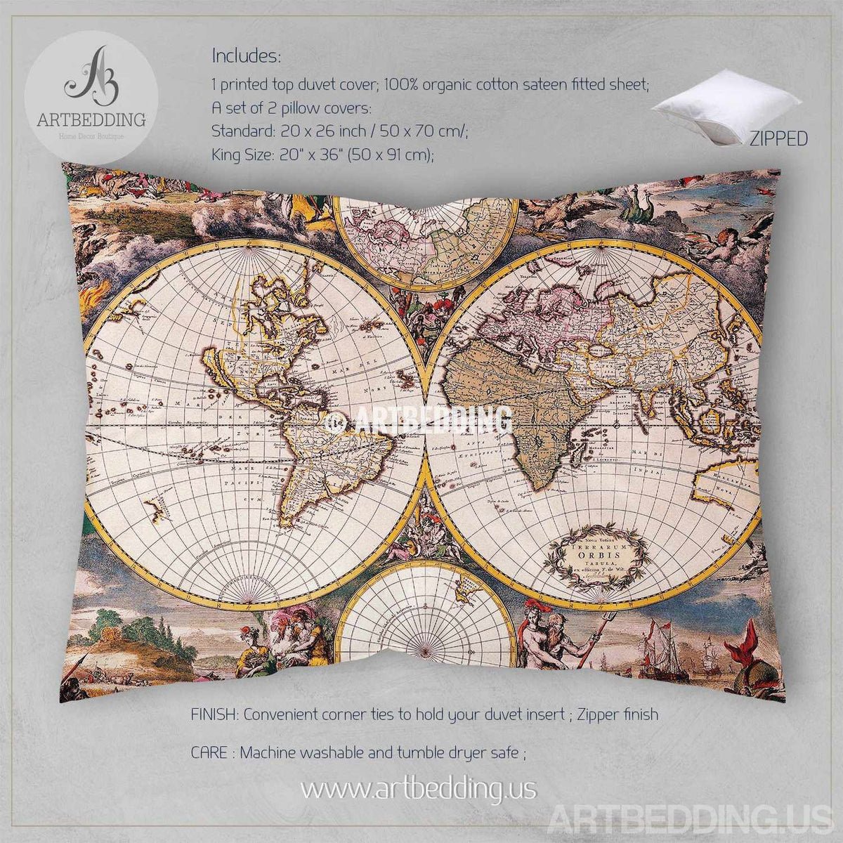 Old world map bedding, Vintage 18th century hemisphere illustration ma ...