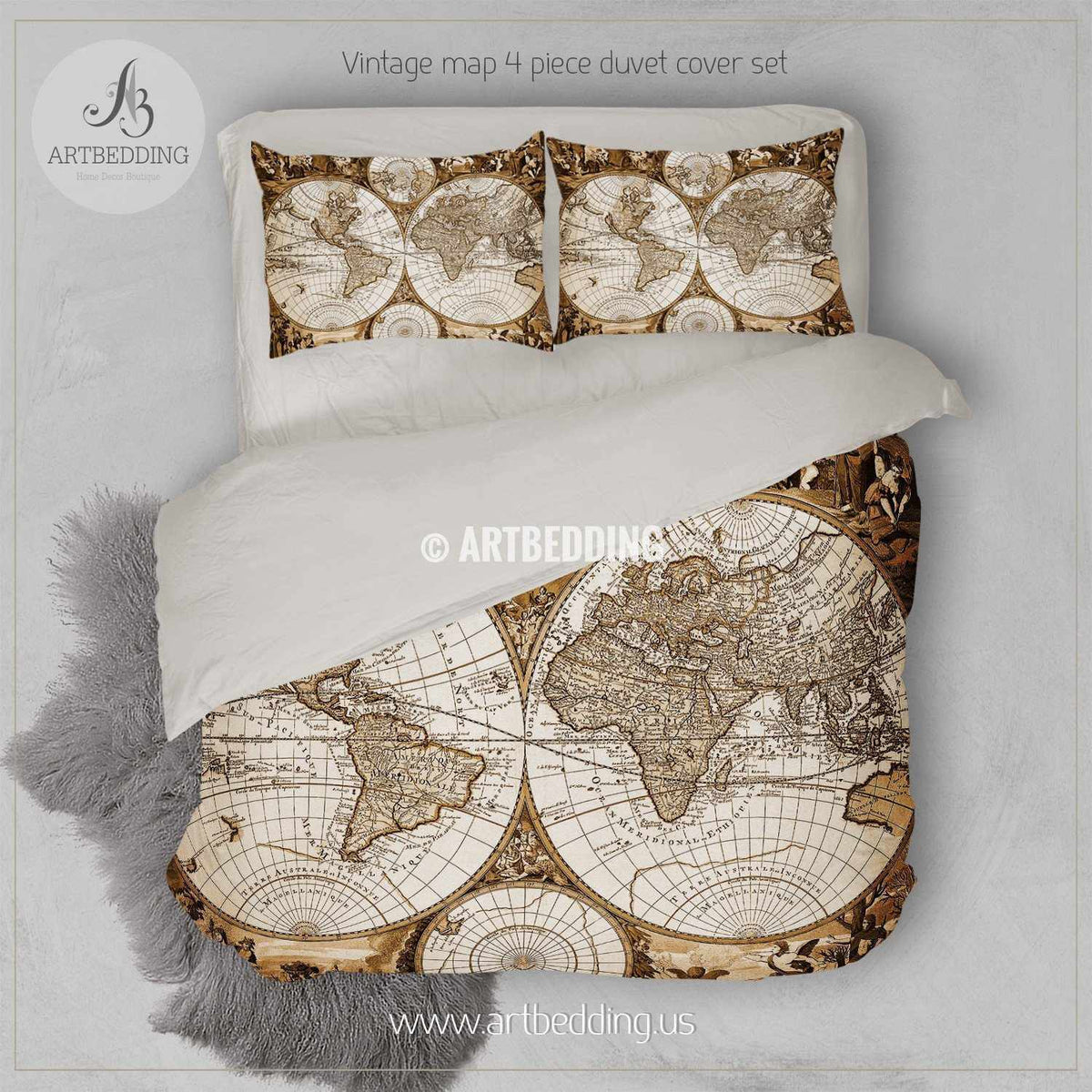 Vintage map bedding, Vintage old map duvet cover, Antique map queen ...