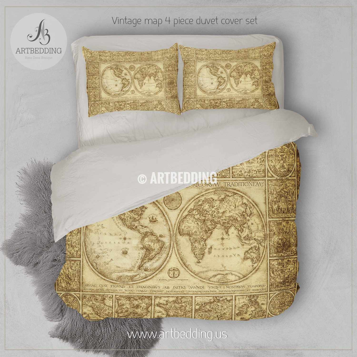 Vintage map bedding, Vintage old map duvet cover, Antique map queen ...