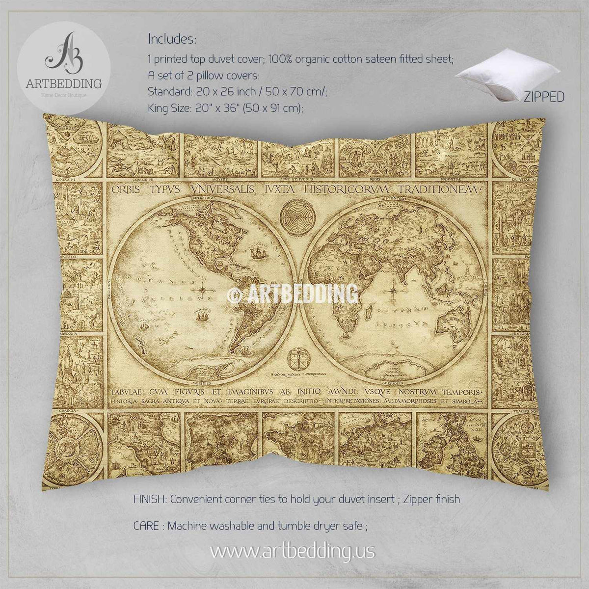 Vintage map bedding, Vintage old map duvet cover, Antique map queen ...