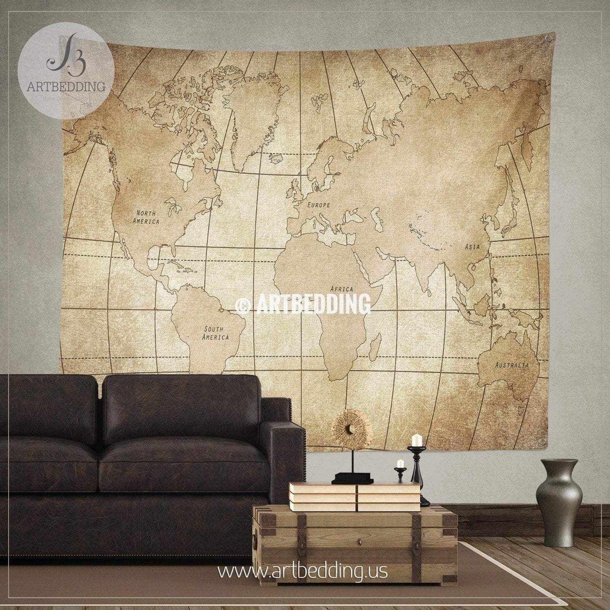 Vintage map wall tapestry, vintage interior map wall hanging, old map ...