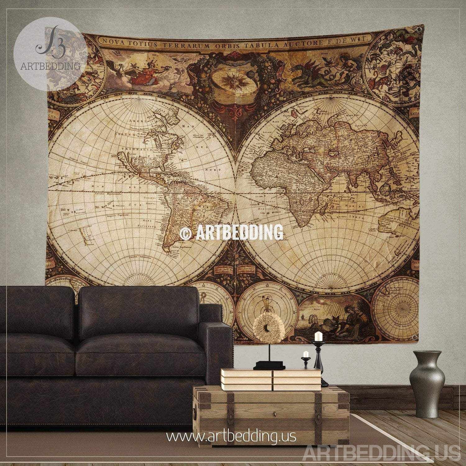 Vintage Map Tapestry, old map wall decor, vintage wall decor – ARTBEDDING