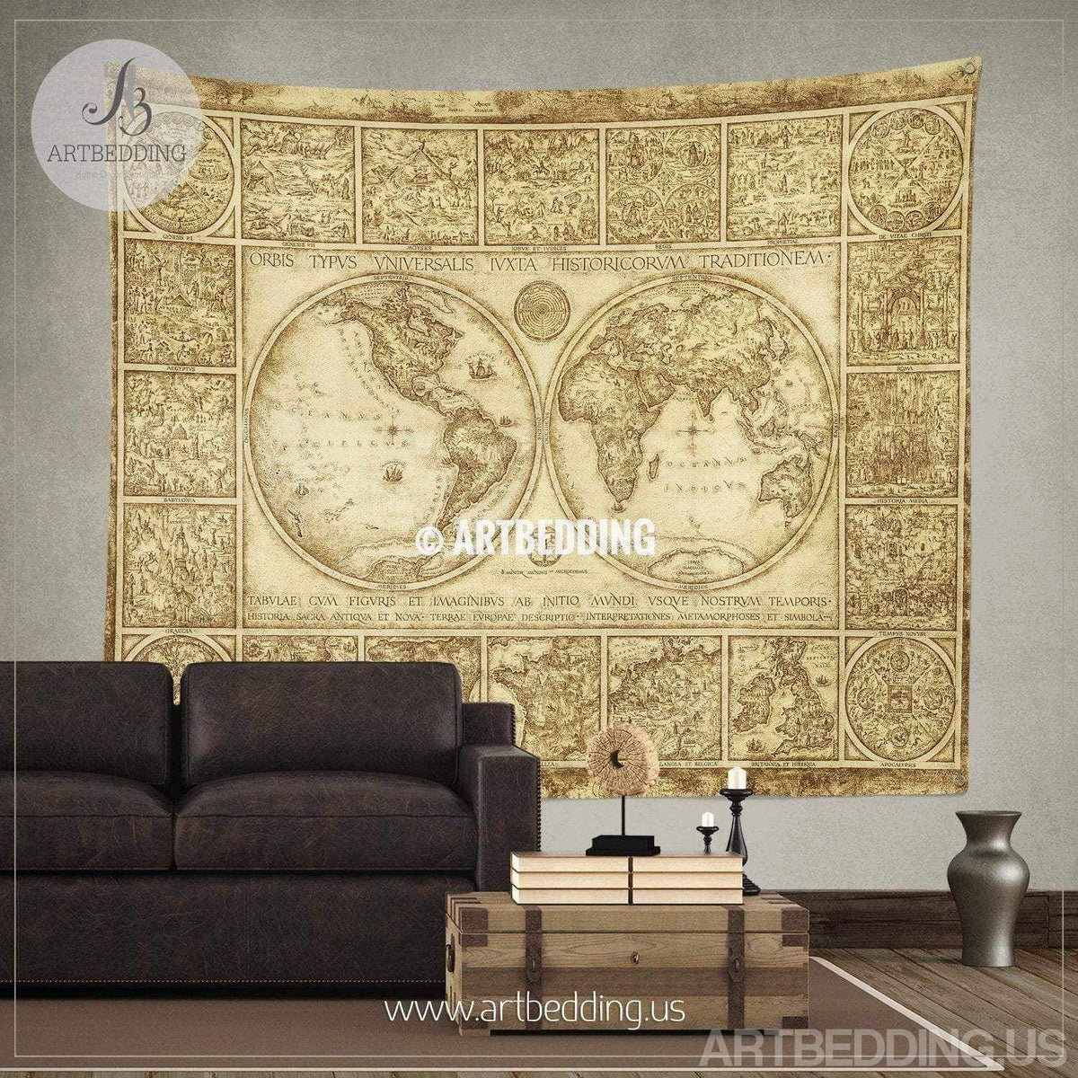 Vintage world map wall tapestry, old world map wall hanging – ARTBEDDING