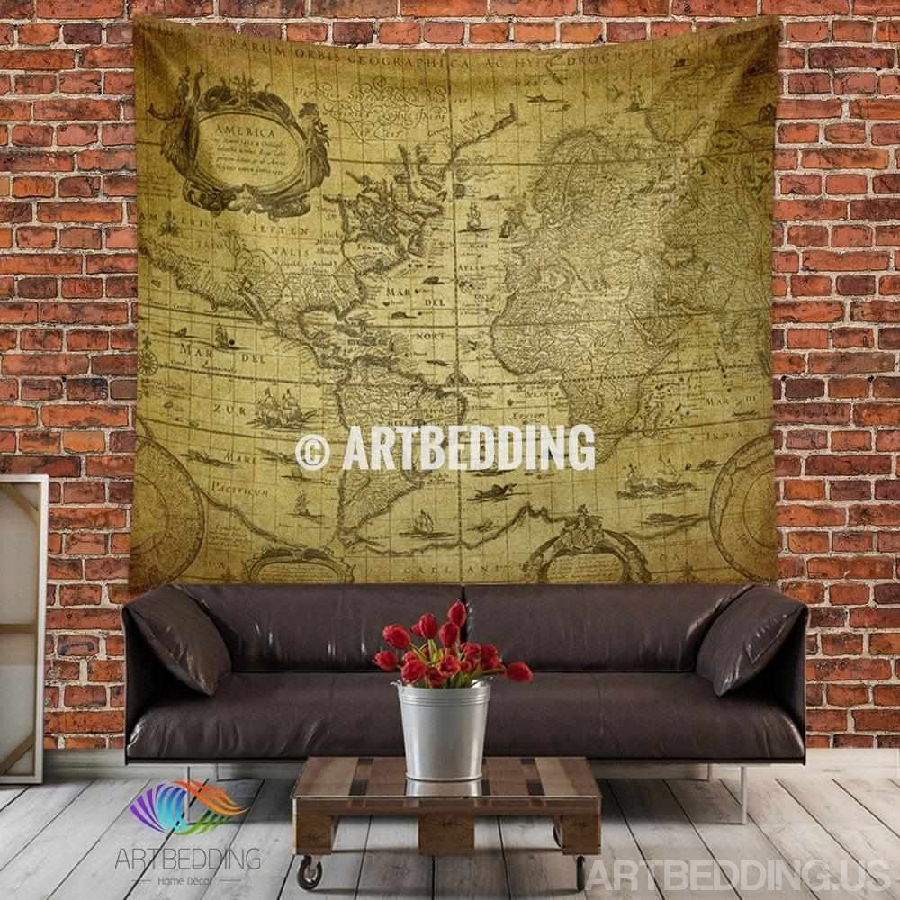 Vintage world map wall tapestry, world map wall hanging – ARTBEDDING