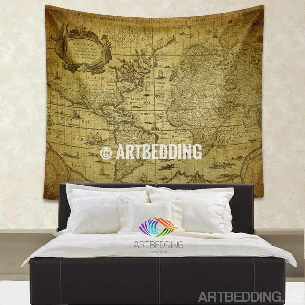 Vintage world map wall tapestry, world map wall hanging – ARTBEDDING