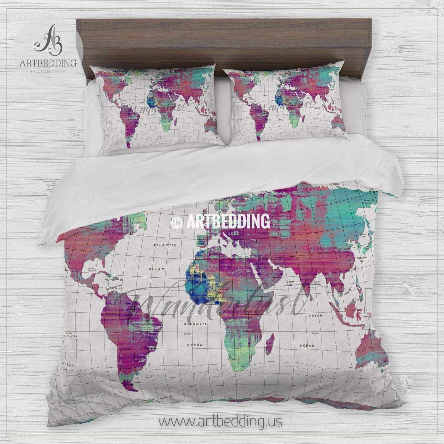 Wanderlust map bedding, Watercolor map duvet cover set, Modern wanderl ...