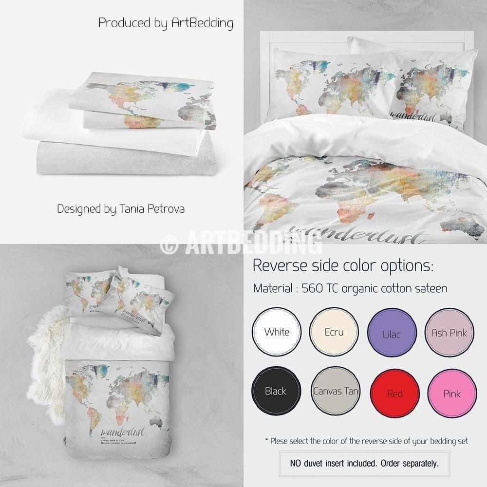 Wanderlust world map bedding, Watercolor map duvet cover set, Modern t ...