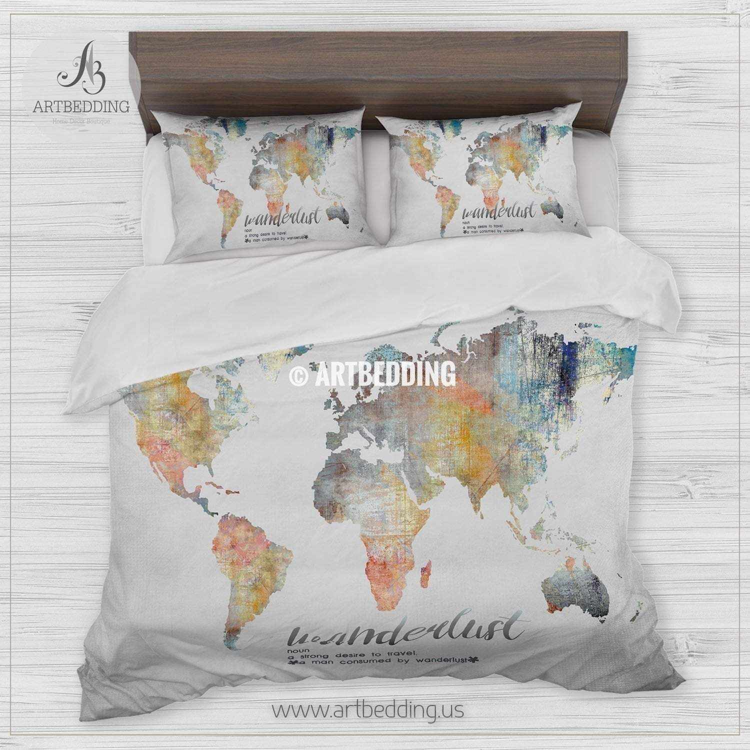 Wanderlust world map bedding, Watercolor map duvet cover set, Modern t ...