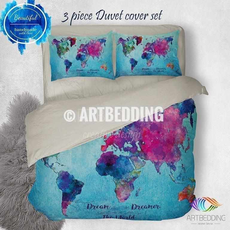 Watercolor world map bedding, Boho chic blue world map duvet cover set ...