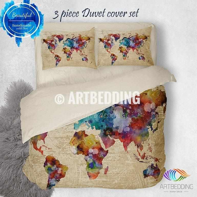 Watercolor world map bedding, Boho chic Watercolor duvet cover set ...