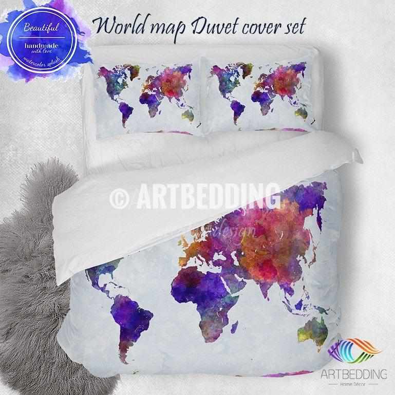 Watercolor world map bedding, Boho chic world map duvet cover set ...