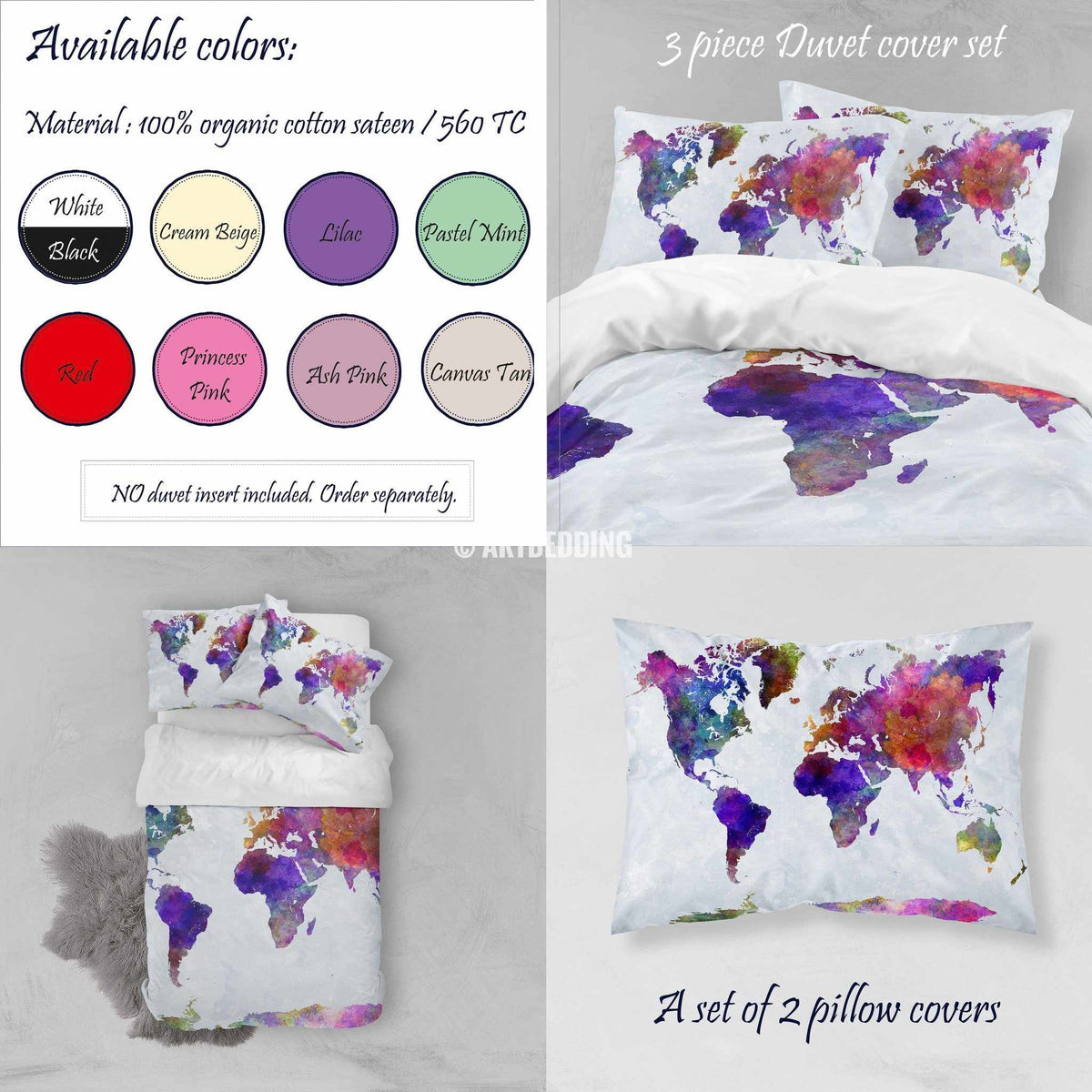 Watercolor world map bedding, Boho chic world map duvet cover set ...