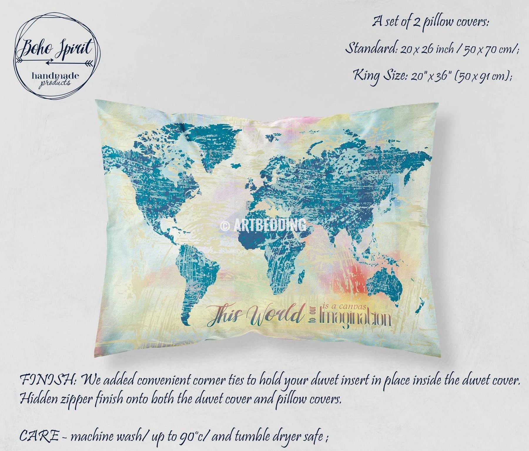 Boho world map bedding, Watercolor quote duvet cover set, Modern grung ...
